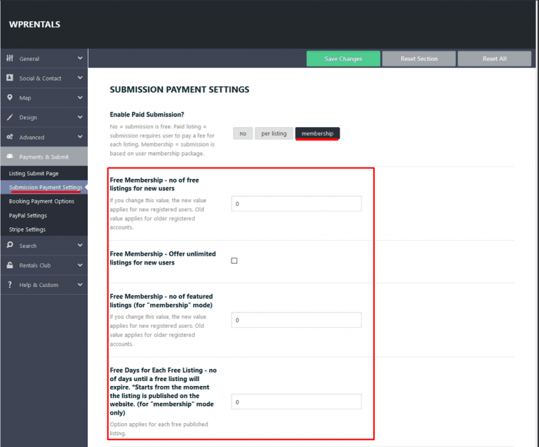 Theme options - Submission Payment Settings - WP Rentals Help