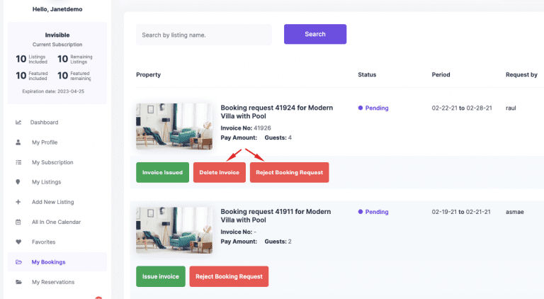 Send booking. Approve booking & Issue invoice or reject booking as ...