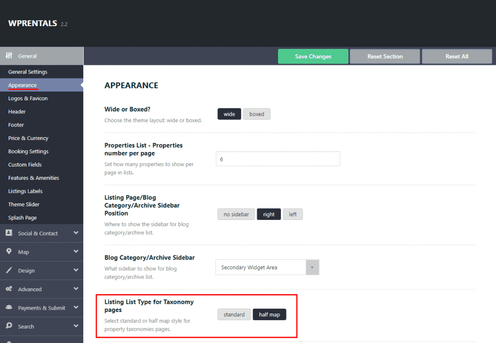 How to make property custom taxonomy page Half Map style - WP Rentals ...